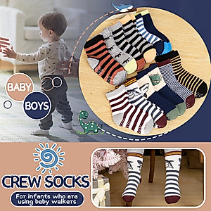 ANTSANG Baby Boys Grips Socks Kids Toddlers Infants Non Slip/Anti Skid Crew Cotton Socks 12 Pairs (Brown Striped(12 Pairs),5-8 Y)