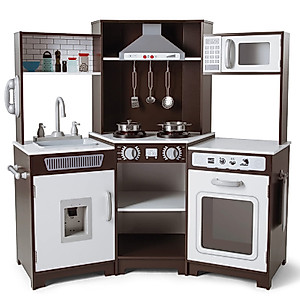 JOYLDIAS Kids Play Kitchen,Corner Wooden Pretend Toddler Kitchen Toys Playset with Realistic Lights & Sounds,Microwave Oven,Water Dispenser, Phone, Sink,Cooking Accessories, for Ages 3+, Brown