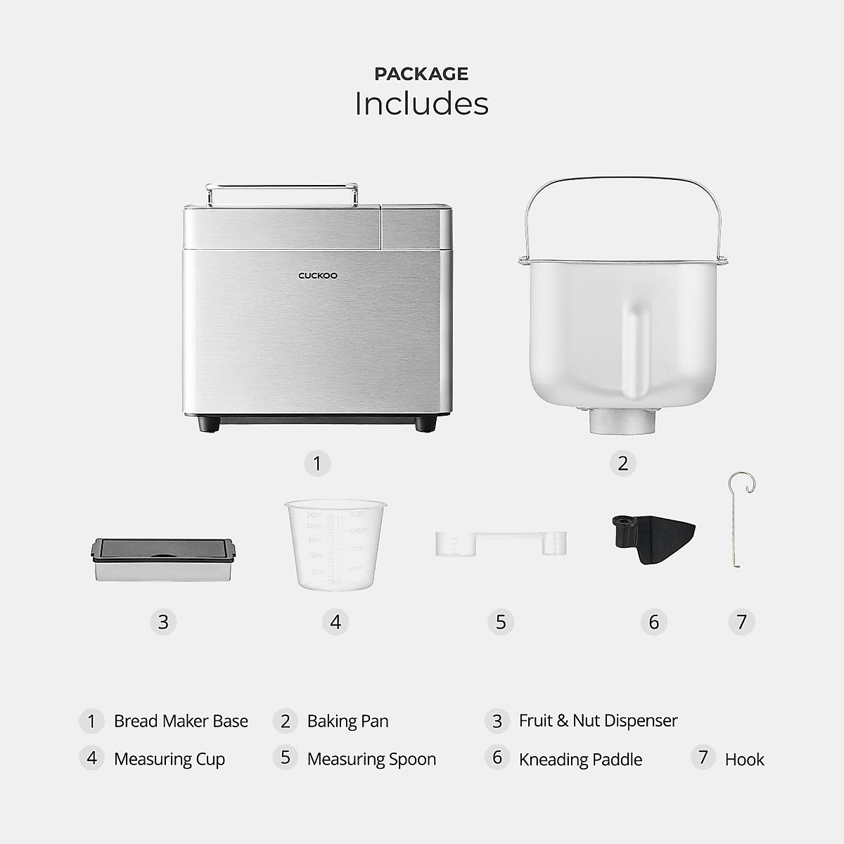 CUCKOO Bread Maker Machine with 15 Menu Options + 3 Crust Colors, 2 lbs Bread Machine with Automatic Fruit & Nut Dispenser, Includes 6 Accessories, Ideal for Gluten Free or Sourdough (CBM-AAB101S)