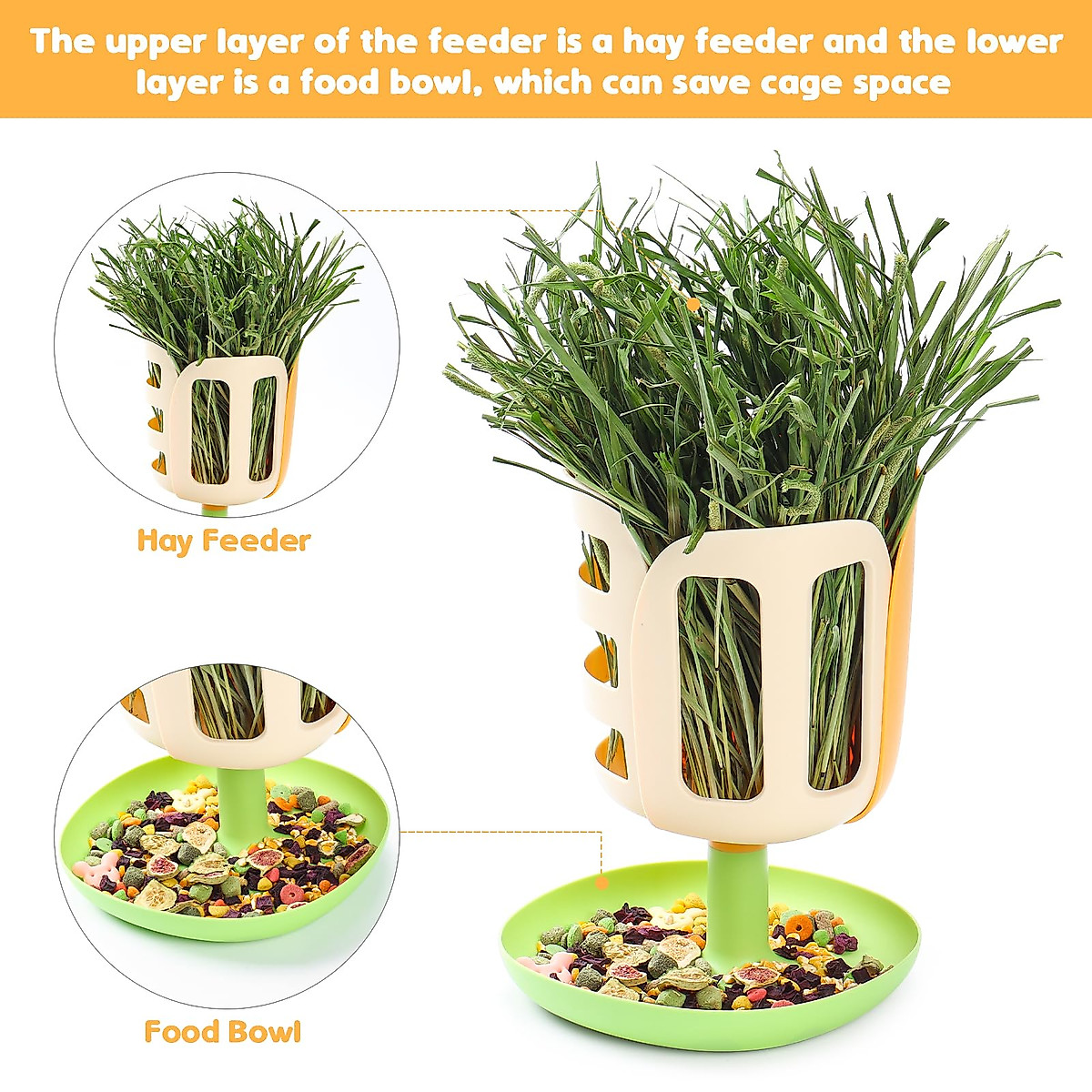 VCZONE Anti-Waste Large Capacity Hay Feeder for Guinea Pig, Rabbit, Chinchilla - 2 in 1, Orange