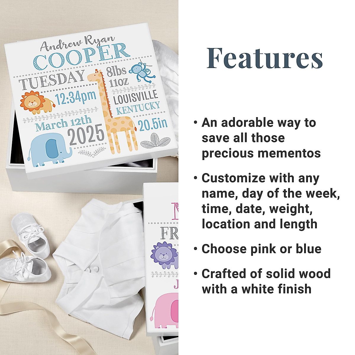 Let's Make Memories Personalized Baby's First Keepsake Box - Memento Storage - Memories Box - Nursery Décor - For Girls - 6" Hx12 Square