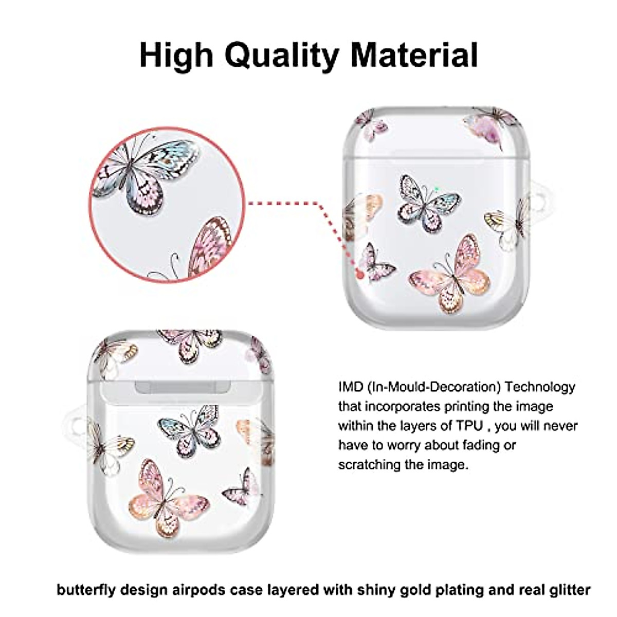 JAHOLAN AirPods Case Cover, Butterfly Clear Case Cute Protective Soft Shockproof Cover with Keychain for Women Girls Compatible with AirPods 2 & 1 Wireless Charging Case - Colourful