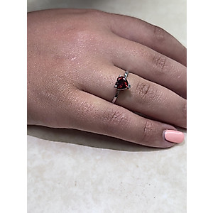 Takar Solid Sterling Silver Solitaire Heart-Shaped Genuine Garnet Ring, Engagement Wedding Band Ring Jewelry for Woman, Made in USA.(Size 10)