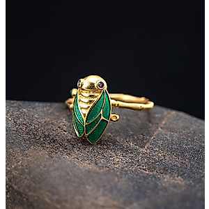 Helen de Lete Colorful Golden Cicada S925 Sterling Silver Adjustable Ring For Men and Women