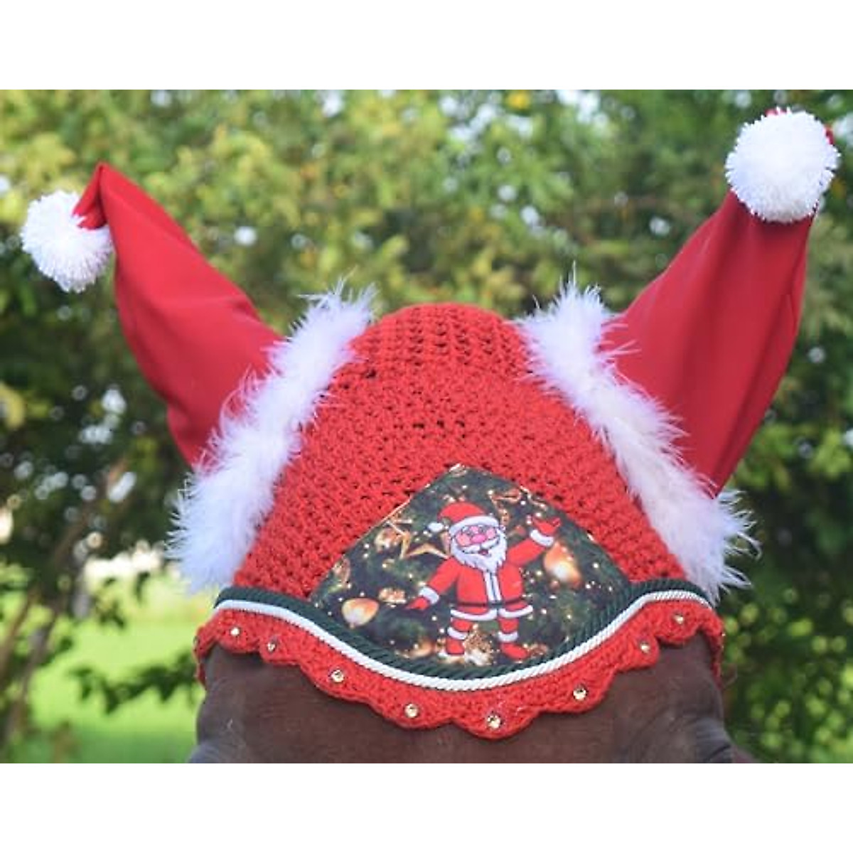 Santa Claus Christmas Horse Fly Bonnet Net Hat Hood Mask Fly Veil Full Hand Made Cotton (Horse/Full)