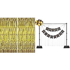 EMART 6.5x10ft Adjustable Photo Backdrop Pipe and Drape Stand Kit with 2 Pack 3.2 ft x 9.8 ft Gold Tinsel Backdrop for Wedding Birthday Christmas Party