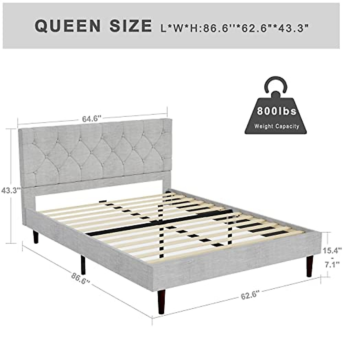 Yegee Upholstered Platform Bed Frame Wood Slat Support No Box Spring Needed Deep Button Tufting Headboard Solid Wood Foot (Grey, Queen)