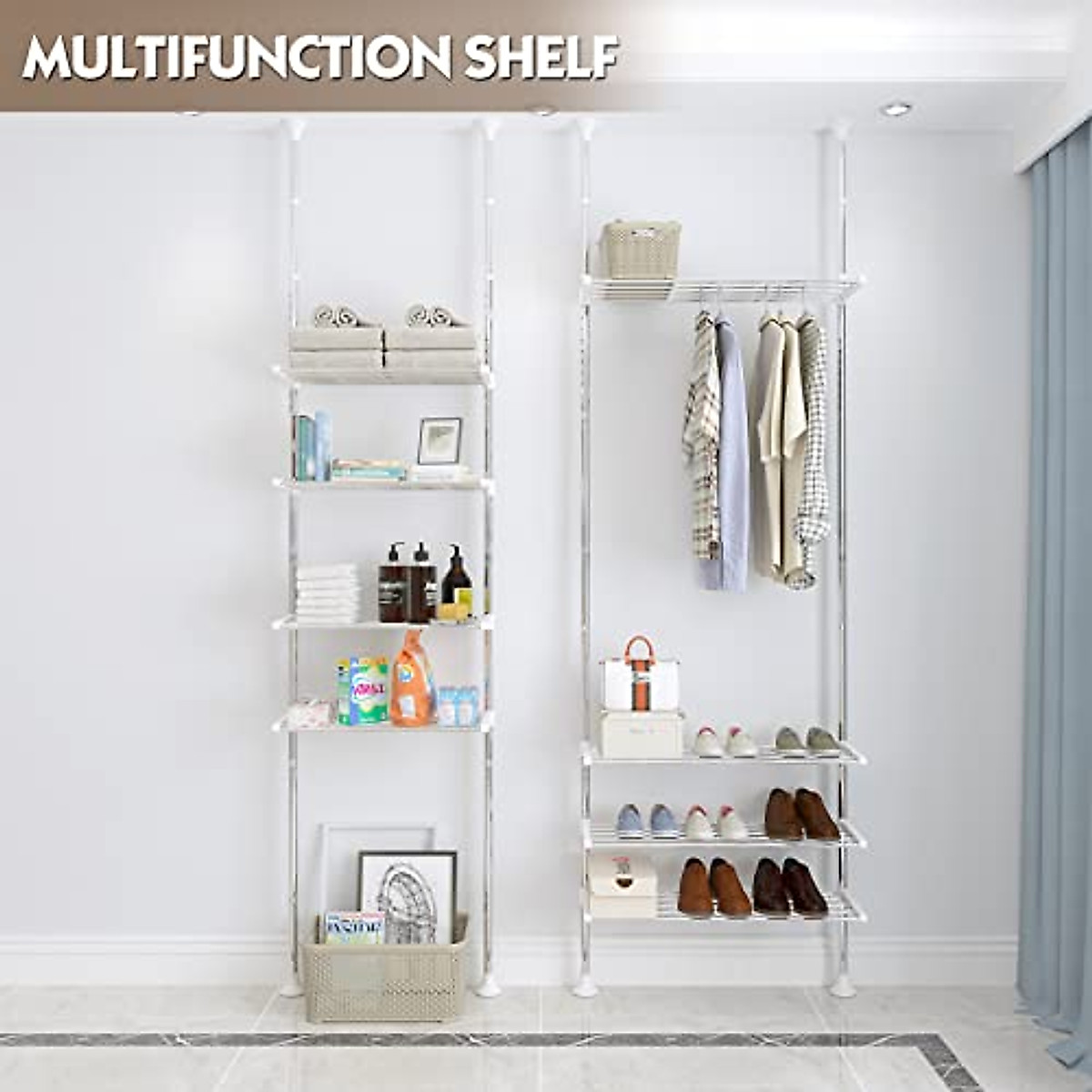 Over The Toilet Storage, 91-124 Inch Adjustable Bathroom Organizer, 4-Tier Stainless Steel Toilet Rack Storage Shelf, Bathroom Organizer, Easy to Assemble Spacesaver, DIY Size Height