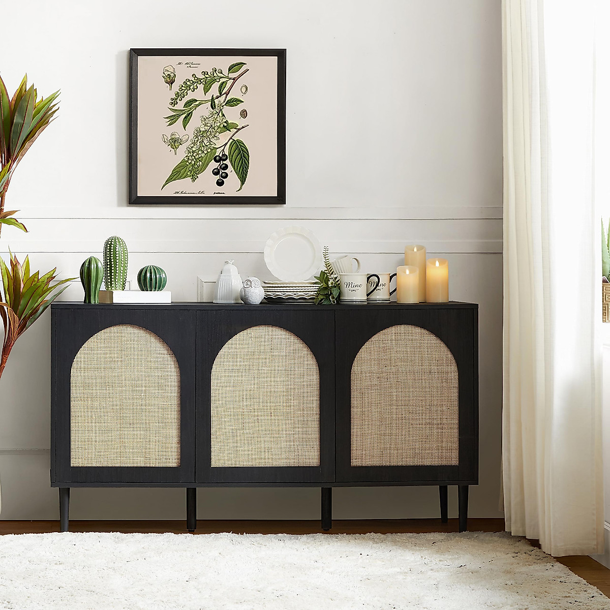 HULALA HOME Farmhouse Sideboard Buffet Cabinet with 3 Rattan Doors and 3 Shelves, Kitchen Storage Cabinet with Solid Wood Legs, Console Table Accent Cabinet for Living Room Dining Room Entrywa, Black