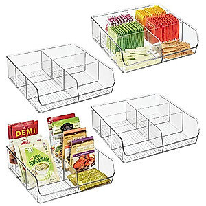 mDesign Plastic Food Storage Wide Bin Organizer with 6 Compartments for Kitchen Cabinet, Pantry, Shelf, Drawer, Fridge, Freezer Organization - Holds Snack Bars - Ligne Collection - 4 Pack - Clear