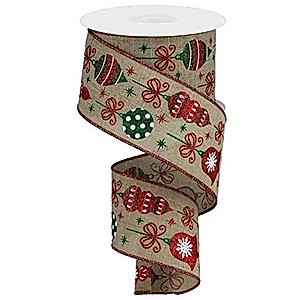 Vintage Ornaments Christmas Wired Ribbon Burlap | 2.5 Inches x 10 Yards | Beige Red Green White