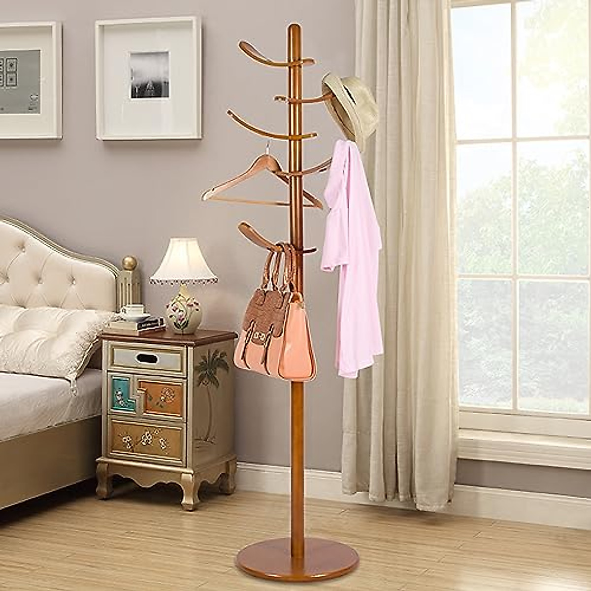 Pieryakers Wooden Coat Rack,Wood Coat Rack Stand with 5 Hooks,Freestanding Coat Rack Coat Tree, Easy to Assemble, For Entryway, Bedroom, Office,Coat, Bag (Walnut)