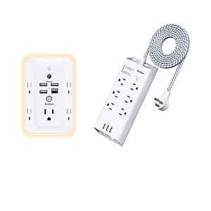Surge Protector, Outlet Extender with Night Light, Addtam 5-Outlet Splitter and 4 USB Ports(1 USB C) and Power Strip Surge Protector 6 Outlets and 3 USB Ports, Wall Mount for Home, Office and Dorm