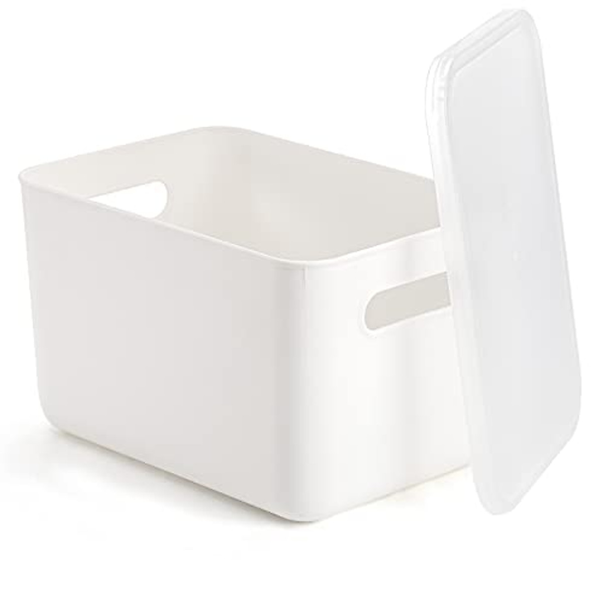 Lawei 4 Pack Plastic Storage Bins with Lid, White Stackable Storage Basket Organizer Box, Sturdy Containers Organizing Lidded Bins for Shelves, Cabinet, Desk, Pantry, Bedroom, Bathroom, Book, Toys