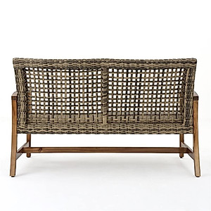 Great Deal Furniture Marcia Outdoor Wood and Wicker Loveseat, Natural Finish with Gray Wicker