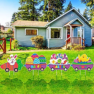 4 Pcs Easter Yard Signs with Stakes Happy Easter Yard Decorations Outdoor Train Easter Lawn Signs Bunny Carrot Gnomes Chick Easter Egg Garden Sign for Easter Lawn Decorations Party Supplies Props