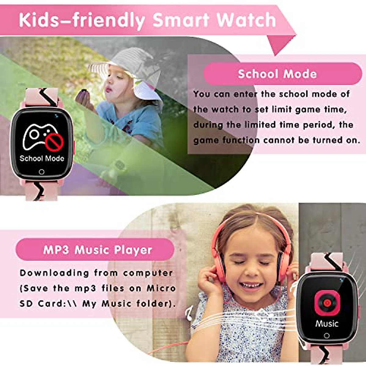Kids Smart Watch Girls Boys - Smart Watch for Kids Watches for Ages 4-12 Years with 14 Puzzle Games Music Video Alarm Calculator Flashlight Children Learning Toys Birthday Gifts Toddler Watch (Pink)