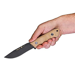 Buck Knives 104 Compadre Camp Knife with 4-1/2" Cobalt Grey Cerakote Coated 5160 Steel Fixed Blade, Natural Micarta Handle, Genuine Leather Sheath Included