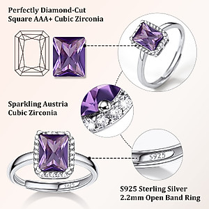 Bestyle 925 Sterling Silver Square Crytsal Cubic Zirconia Rings | Classic Silver February Amethyst Crystal Birthstone Rings for Women, Great Birthday Gift for Daughter/Wife/Mom/Grandma