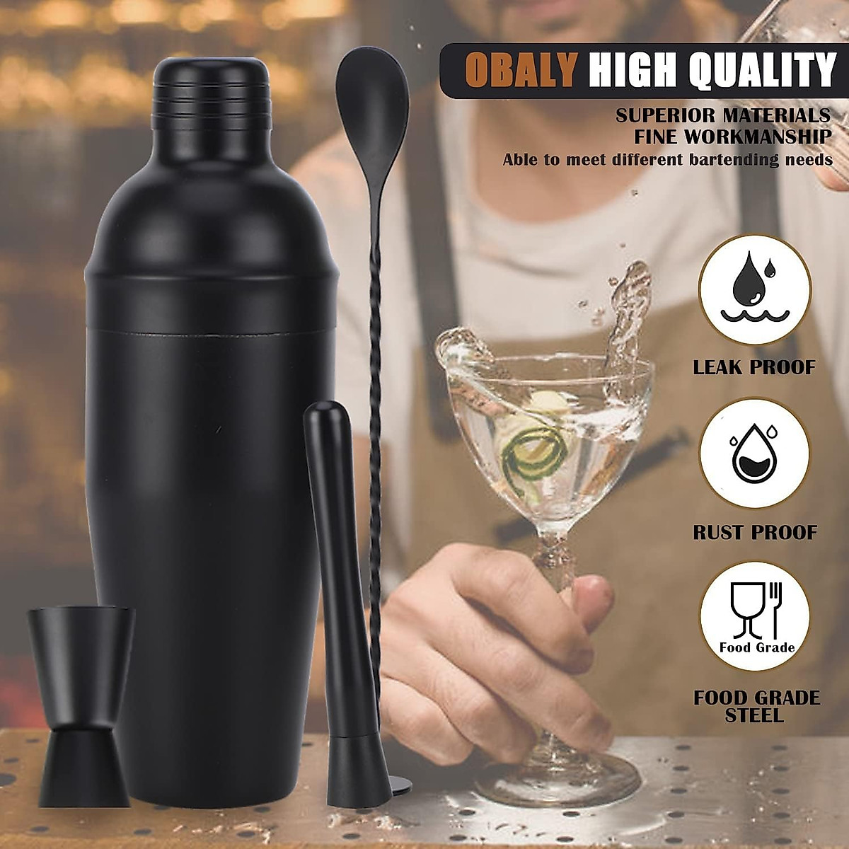 OBALY Bartender Kit 11-Piece Cocktail Shaker-Muddler for Cocktails 25oz Boston Shaker-Bar Accessories with Stylish Bamboo Stand Mix Drink Shaker kit Perfect Martini kit with Cocktail Recipes Booklet