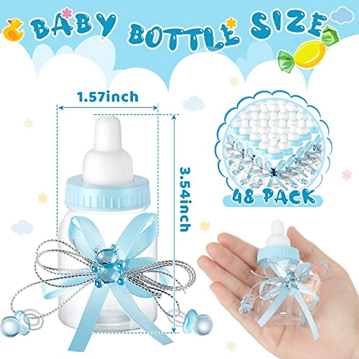 48 Pcs Baby Shower Bottles Baby Shower Mini Milk Bottle Baby Bottles Mini Baby Bottles for Baby Shower Plastic Bear Candy Box Bottles with Ribbon for Baby Shower Favor Gift Decor (Blue)