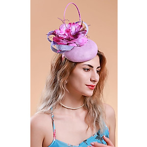 Cizoe Fascinators Hat for Women Kentucky Derby Headpiece Tea Party Hats Feather Wedding Headware Bridal Headpiece(lavender)