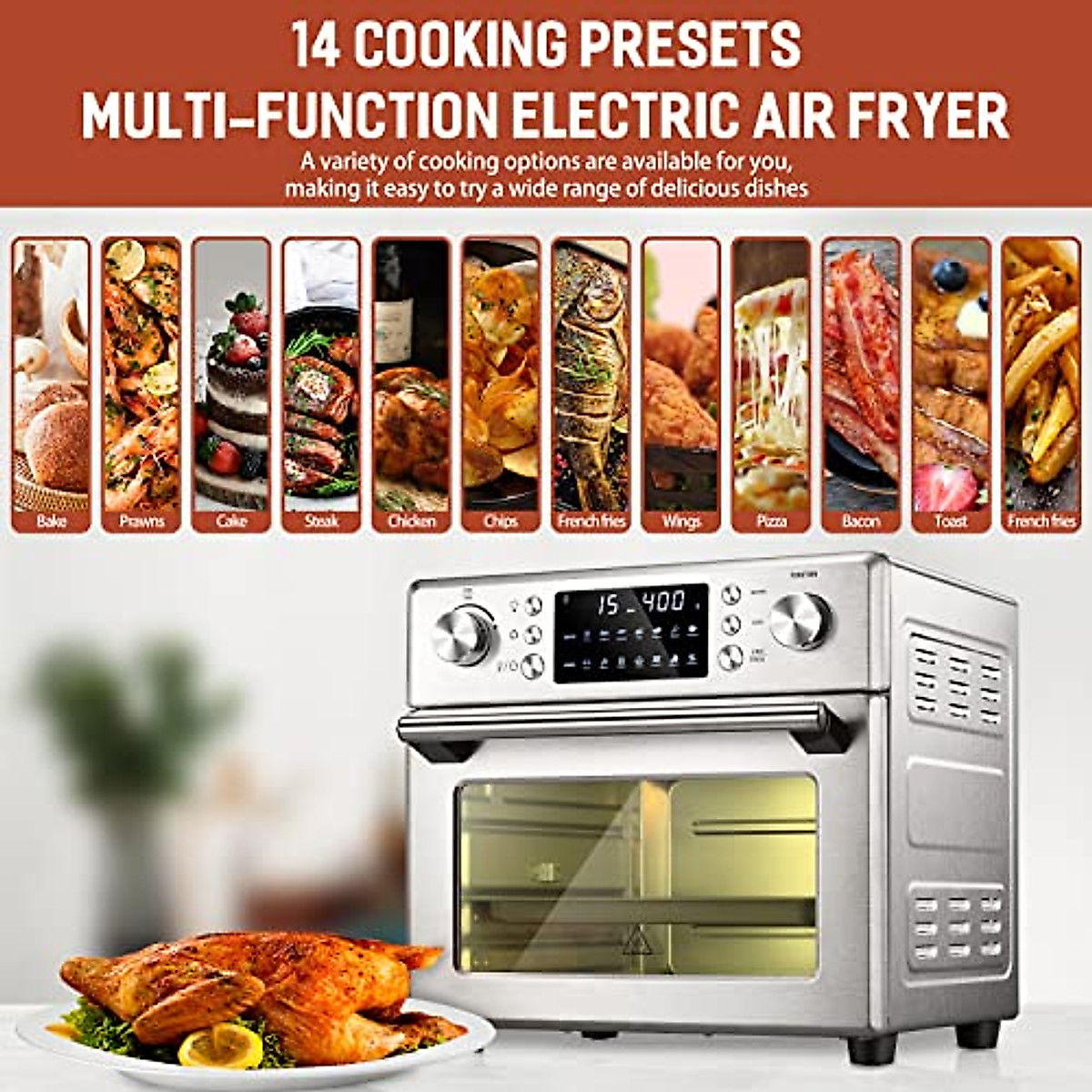 Antarctic Star Air Fry Oven Bake Broil Toast Air Fry Air Roast Digital Toaster Smart Thermometer True Surround Convection Adjustable Temperature Control from 180℉ to 400℉, 26QT/25L, 360°Rapid Air Heating Circulation Cook French Fries Chips Pizza Beef Pork