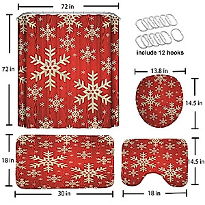 GRIEKOWE 4Pcs Snowflake Christmas Shower Curtain Set Red Background Shower Curtain Decor with Non-Slip Rugs Bath U-Shaped Mat Toilet Lid Cover , Waterproof Cute Bathroom Set with 12 Hooks, 72''×72''