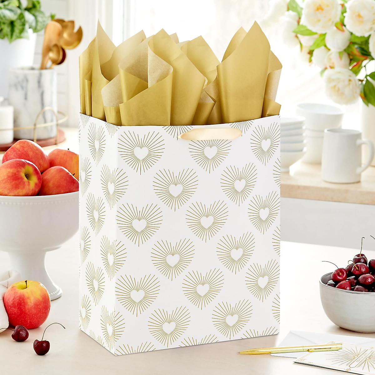 Hallmark 13" Large Heart Gift Bag with Wedding Card and Tissue Paper (Best Wishes Gold and White, Hearts) for Weddings, Bridal Showers, Engagements