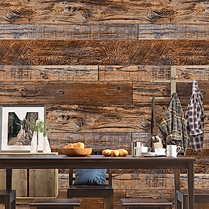 WENMER 17.71" x 118" Brown Wood Wallpaper Peel and Stick Shiplap Self Adhesive Contact Paper for Cabinet Countertop Shelf Drawer Wall Door