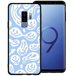 zaztify Phone Case for Samsung Galaxy S9 Plus, Pastel Light Blue White Funny Trippy Dripping Smile Melted Hippie Smiling Skull Ghost Face Shockproof Protective Cover Shell