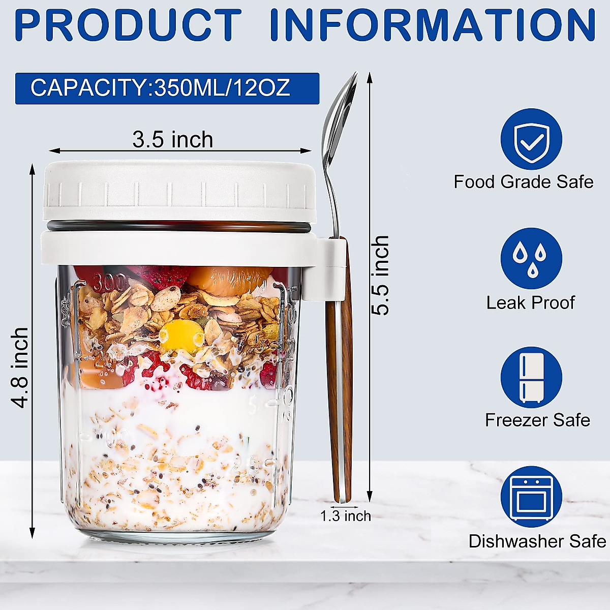 Irenare 9 Pcs Overnight Oats Containers with Lids and Spoons 12 oz Overnight Oats Jars Oatmeal Container Glass Mason Jars for Overnight Oats Meal Prep Yogurt Salad Fruit