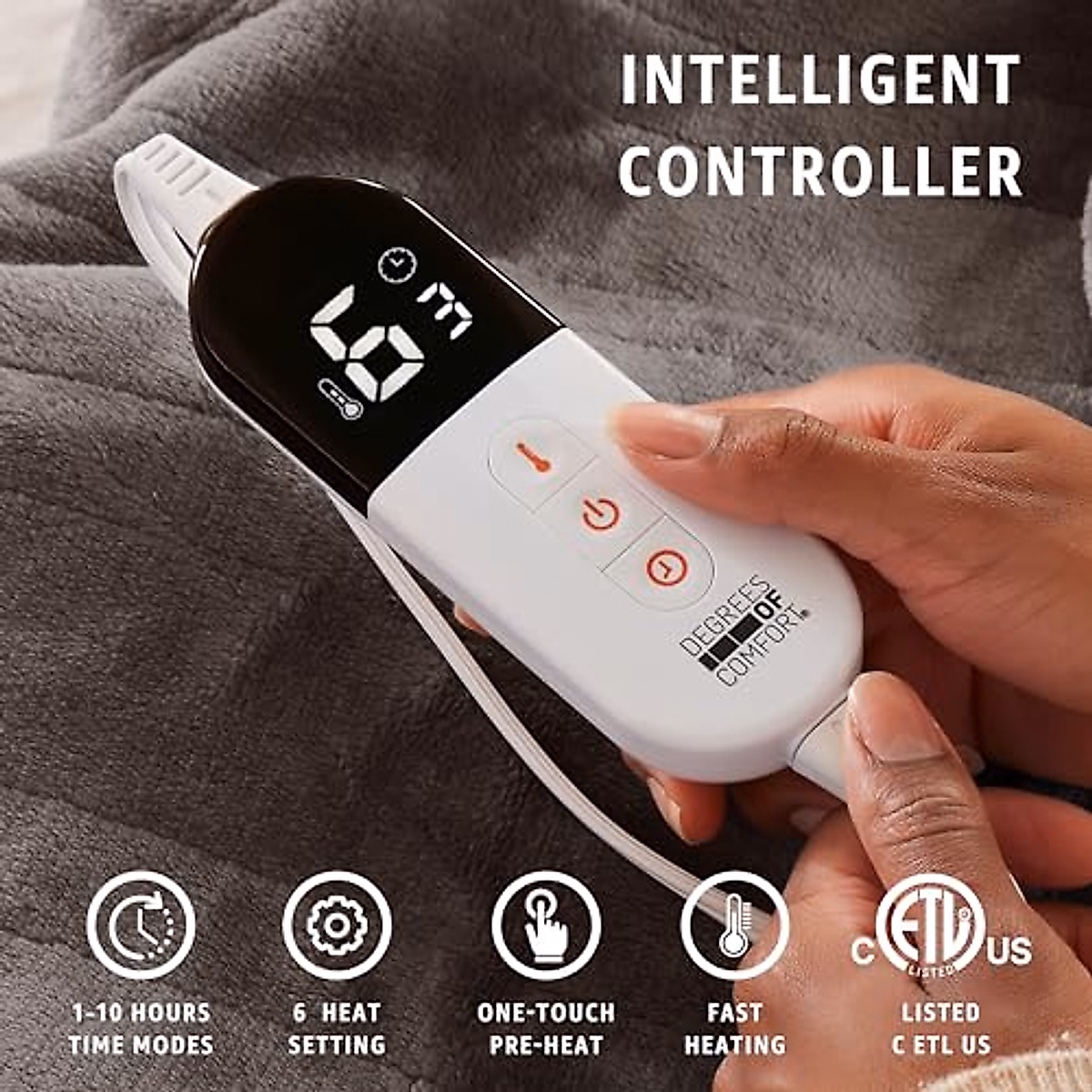 Degrees of Comfort California King Electric Blanket with Dual Controls, Large Fleece Heated Blanket for Bed,Auto Shut Off, Machine Washable -Grey, 100Wx94L