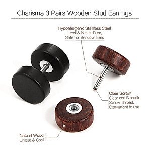 Charisma 10mm Wooden Vintage Stainless Steel Stud Earrings Ear Plugs Piercings Hypoallergenic Screw 3 Pairs