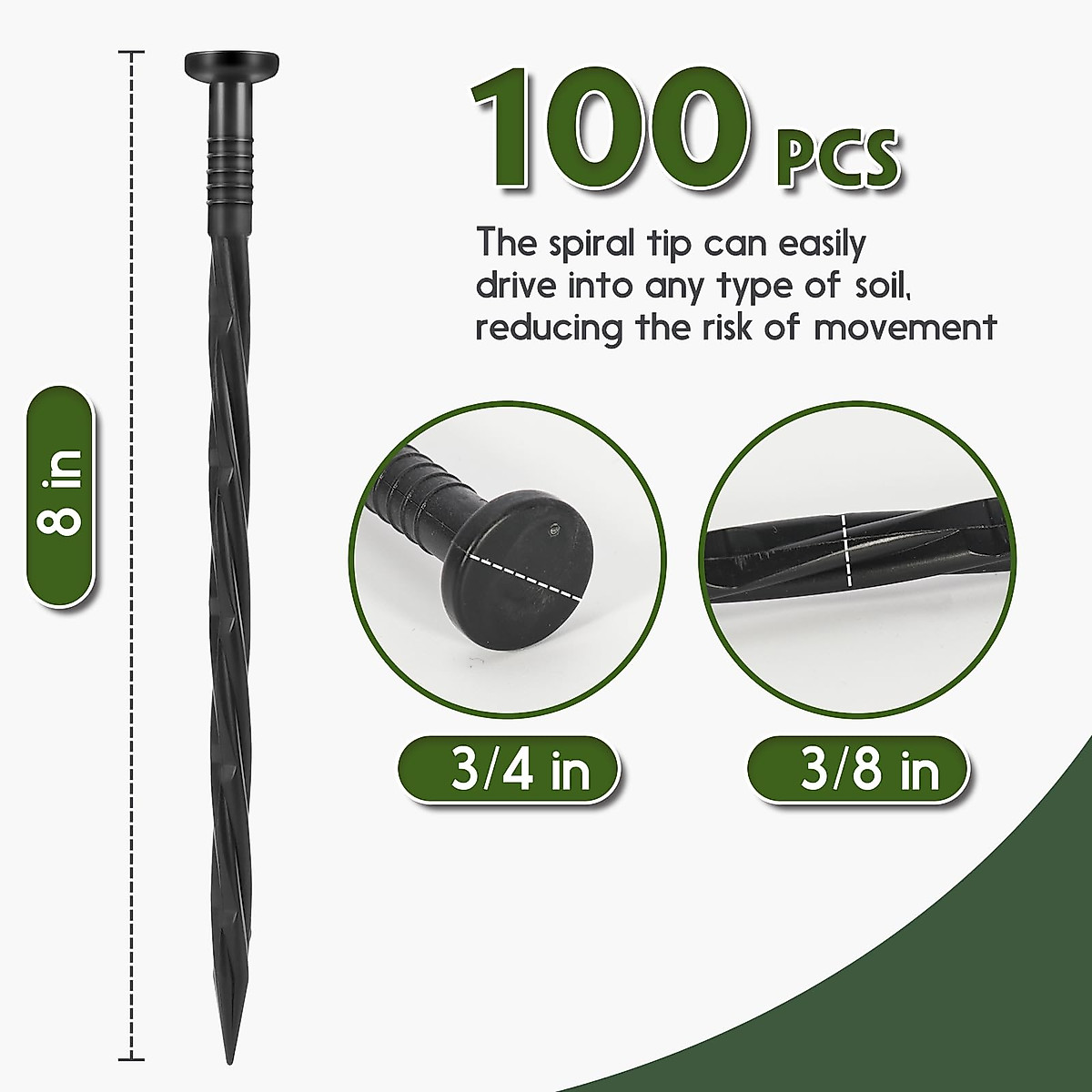 Garaook Landscape Edging Stakes, 100 Pcs 8" Plastic Garden Spikes, Spiral Nylon Anchoring Spikes for Paver Edging, Weed Barriers, Artificial Turf, Tent, Grass Pathway and More, Black