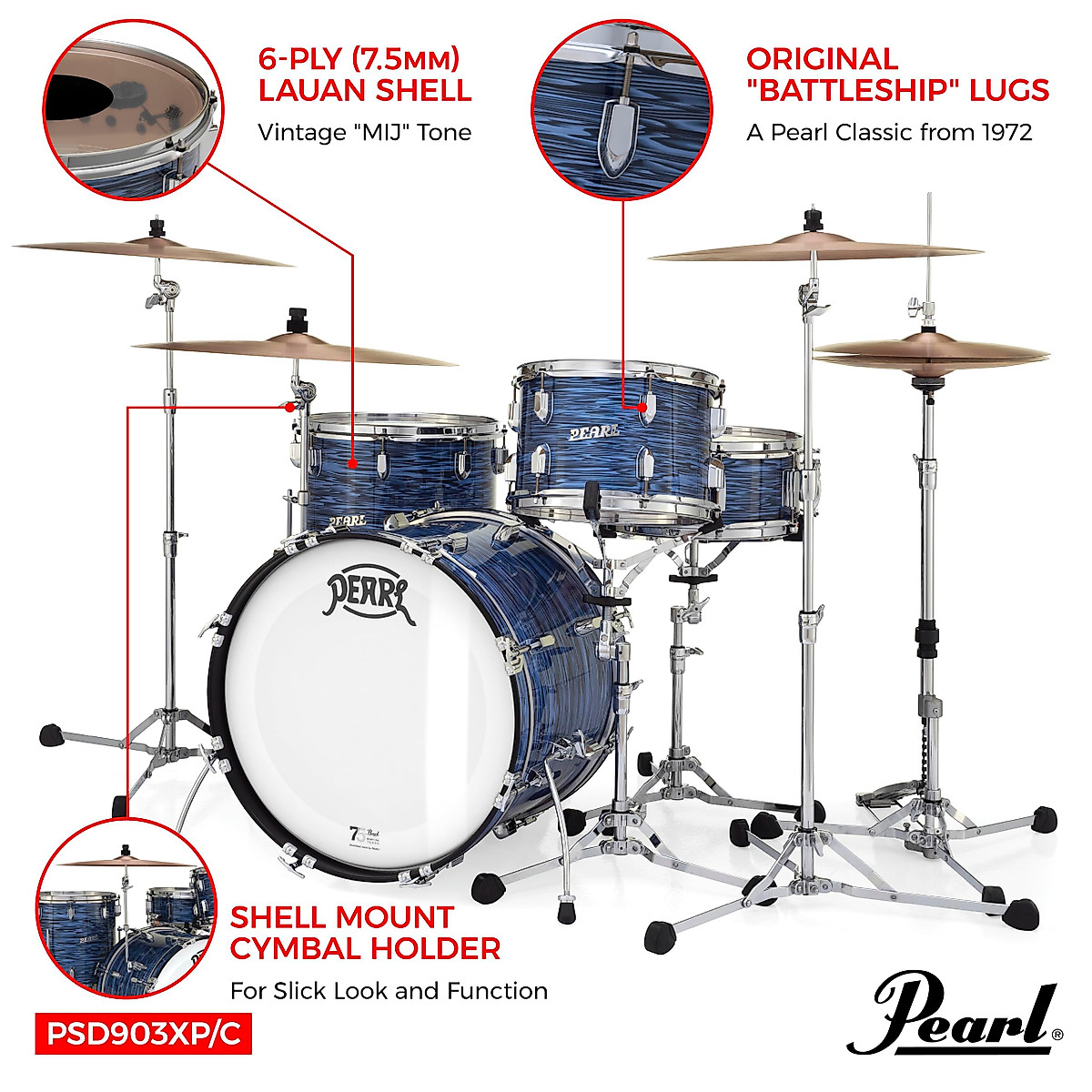 Pearl President Series Deluxe 3-piece 75th Anniversary Edition Shell Pack in Desert Ripple (#768) covered finish featuring 20"x14" Bass Drum w/Cymbal Holder, 12"x8" Tom, and 14"x14" Floor Tom