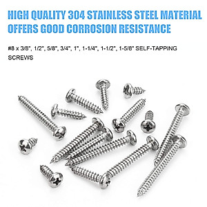 DYWISHKEY 200 Pieces #8 x 3/8", 1/2", 5/8", 3/4", 1", 1-1/4", 1-1/2", 1-5/8" Stainless Steel 304 Phillips Pan Head Self-Tapping Screws, Wood Screws Assortment Kit