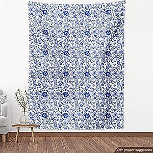 Lunarable Floral Fabric by The Yard, Swirl Flower Pattern Folk Russian Folk Cultural Petals Ornamental Image, Decorative Fabric for Upholstery and Home Accents, 3 Yards, Blue and White