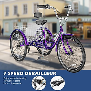 Barbella Adult Tricycles, 7 Speed Adult Trikes 20/24/26 inch 3 Wheel Bikes, Cruise Bike with Basket for Seniors, Women, Men for Recreation, Shopping, Exercise, Multiple Colors