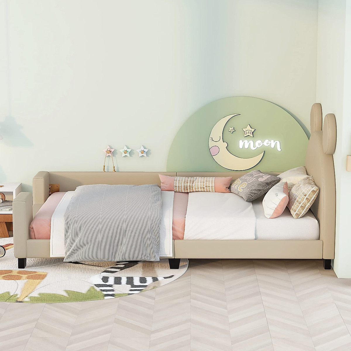 Merax Cute Kids Wood Twin Day Bed with Mouse Ears Headboard, Low Platform Bed Frame for Kids,Boys,Girls, No Box Spring Need (Twin, Grey)