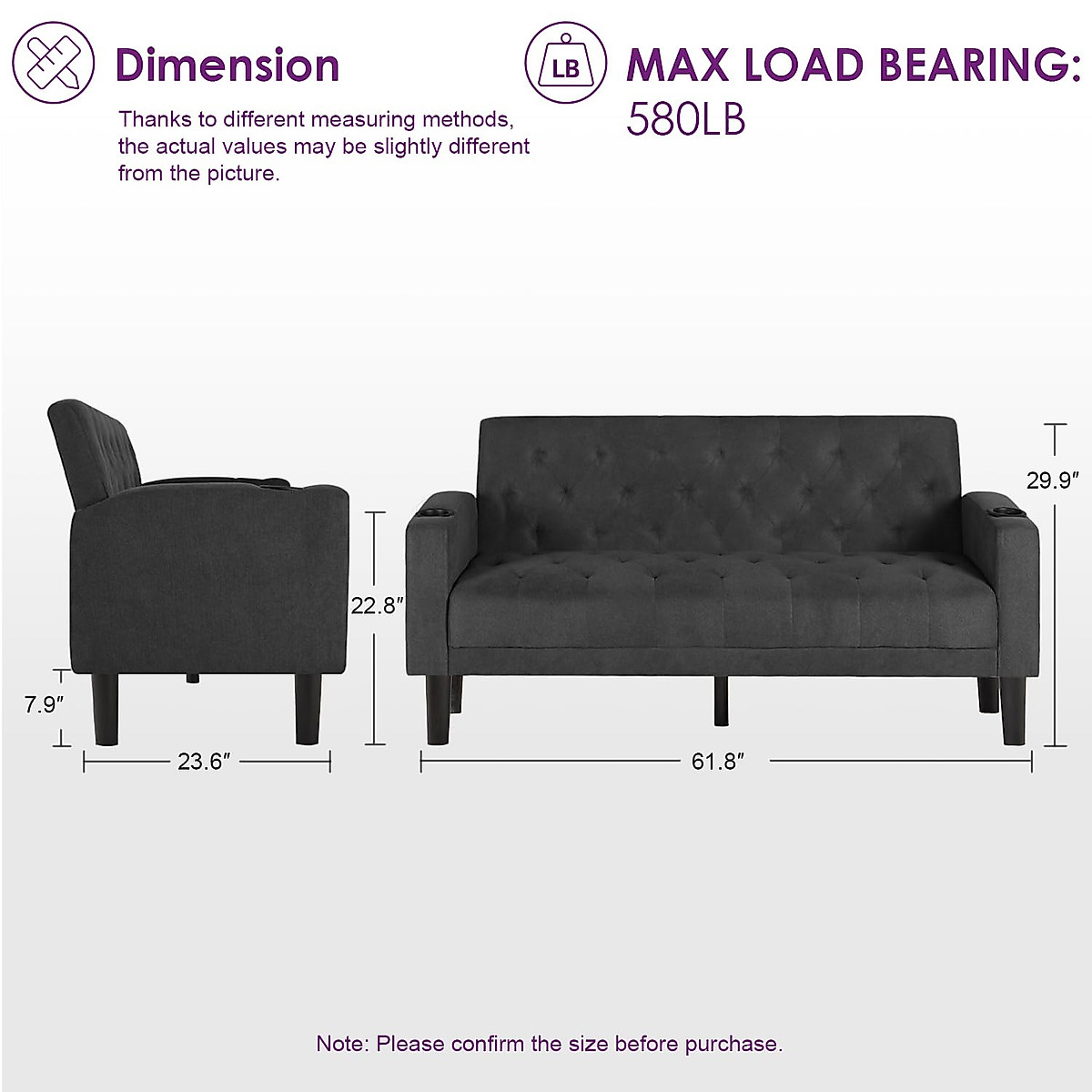 TYBOATLE 62" W Loveseat Sofa w/ 2 USB Charger Ports and 2 Cupholders, Mid-Century Modern Tufted Linen Fabric Small Love Seat Couches for Compact Living Room, Bedroom, Apartment, Dorm (1, Dark Grey)