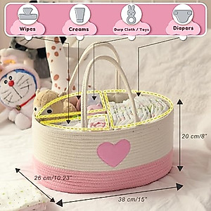 INough Baby Diaper Caddy, Changing Basket for Girls Caddy Organizer with Handle Diaper Organizer for Nursery Pink Cotton Rope Basket Baby Girl Newborn Essentials, Car Storage Organizer