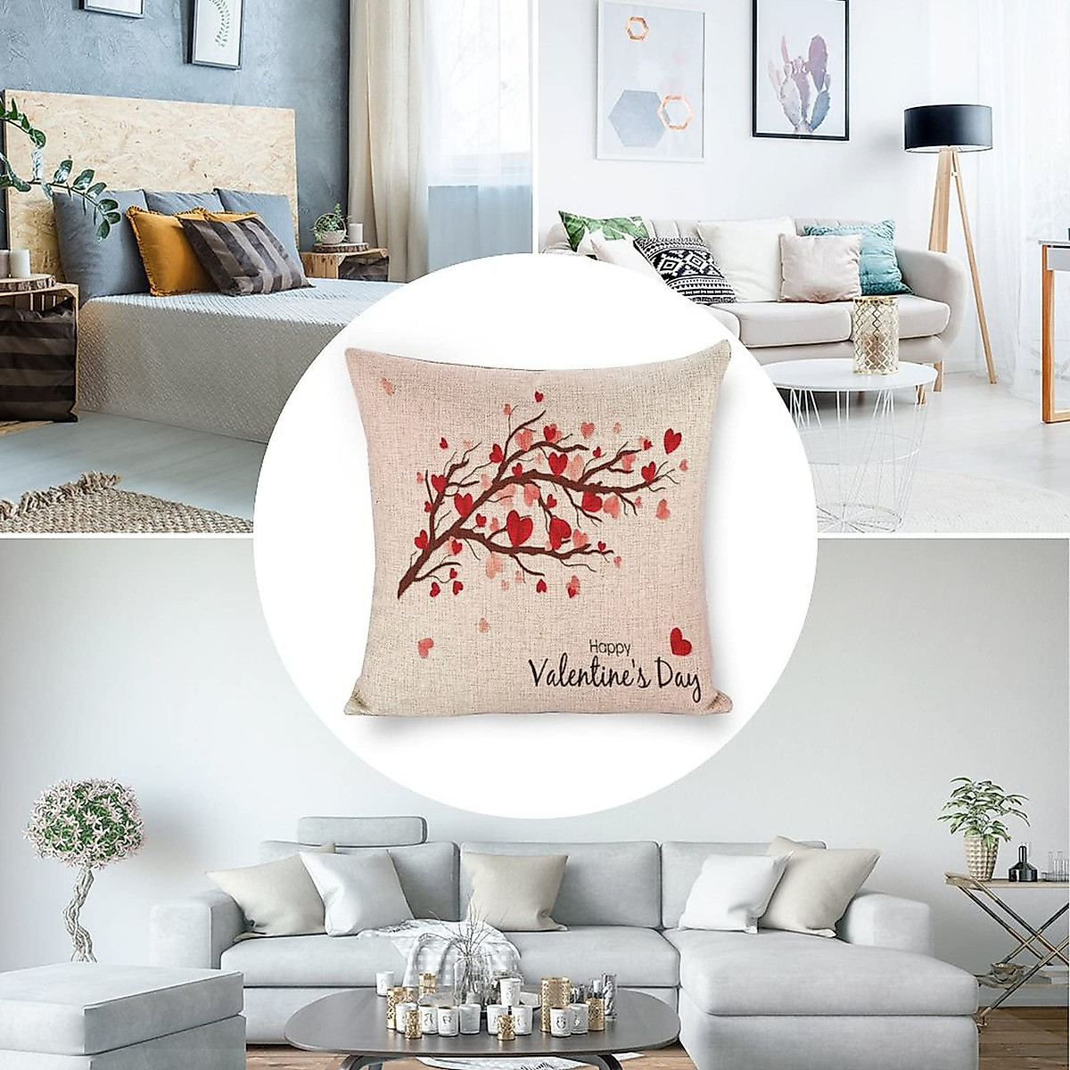 Happy Valentine's Day Throw Pillow Covers 18×18 Pillowcases Set of 2 Love Heart Branch Linen Decorative Square Pillow Case Cushion Covers Standard Size for Sofa Couch Outdoor Bed Pillow Protectors
