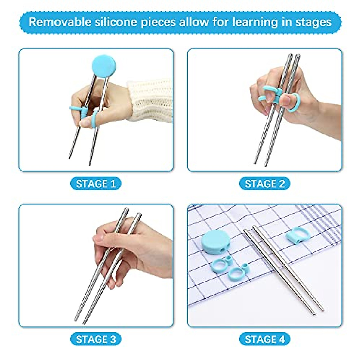 Quimoy Chopsticks for Kids,Learning Chopstick Helper,Stainless Steel Reusable Kids Chopsticks for Learning and Training,2 Pairs of Chopsticks