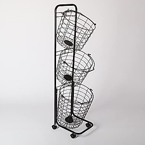 MYOYAY 3-Tier Laundry Basket 360° Moveable Iron Art Laundry Basket with Wheels Metal Wire Small Clothes Storing Stand Removable Dirty Clothes Storage Basket Bathroom Balcony Black