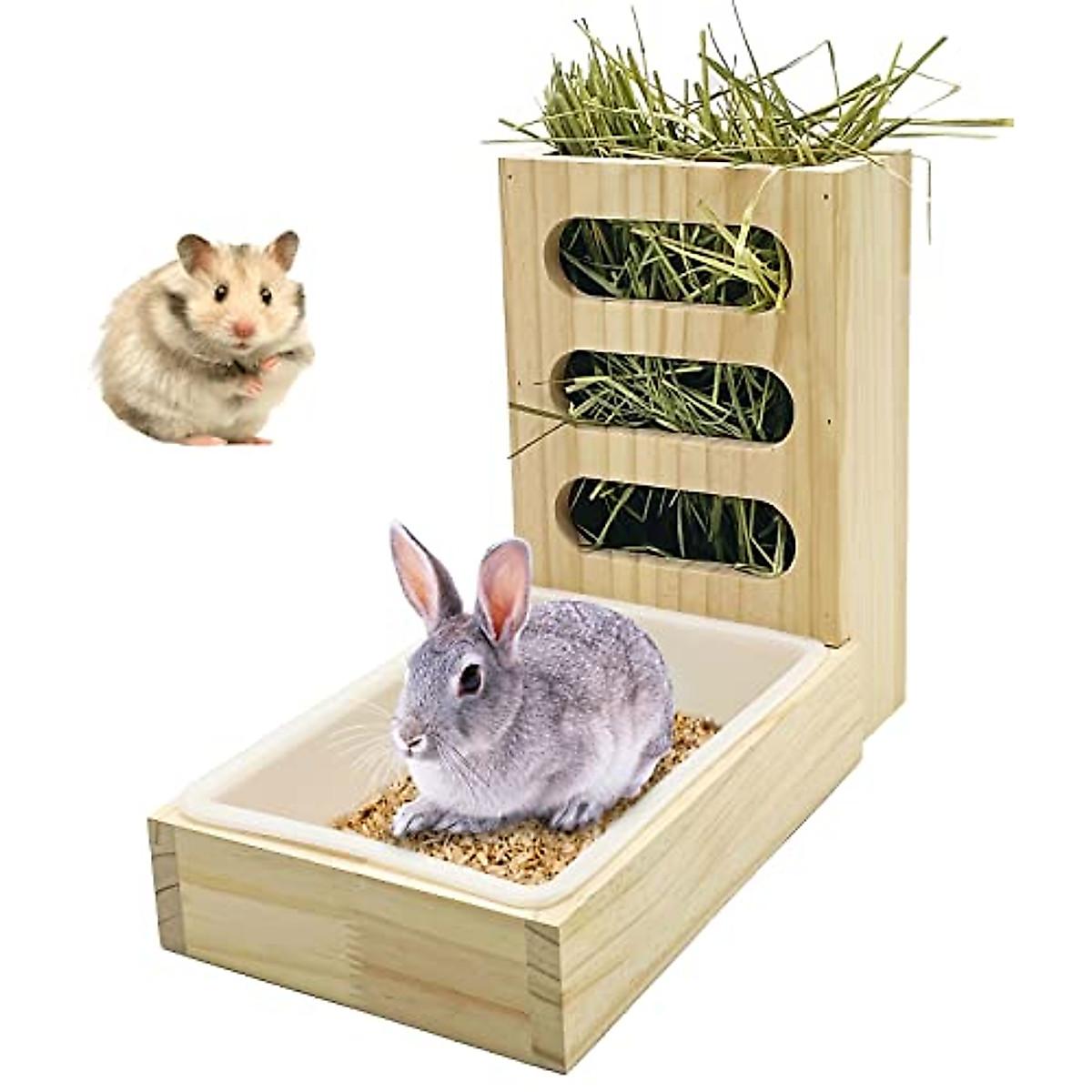 Hamiledyi Rabbit Hay Feeder with Litter Box Wooden Food Feeding Manger Bunny Hay Dispenser Small Animals Grass Holder for Hamsters Guinea Pig Bunny Chinchilla