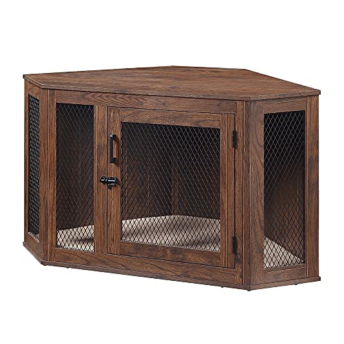 unipaws Furniture Corner Dog Crate with Cushion, Dog Kennel with Wood and Mesh, Dog House, Pet Crate Indoor Use, Walnut, Medium