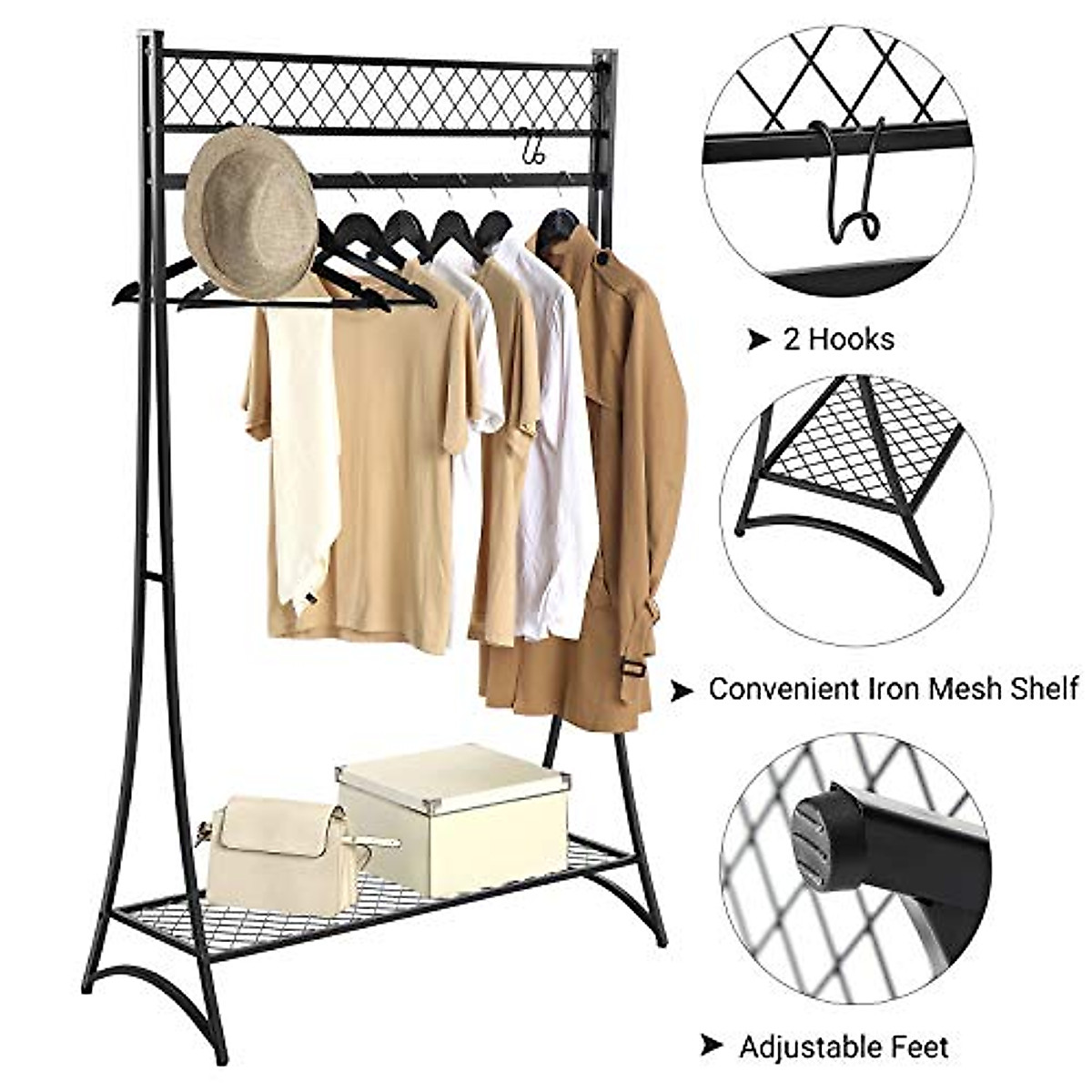 SONGMICS Clothes Garment Rack, Holds 110 lb, Elegant Tower Design, Grid Mesh Bottom Shelf, Clothing Rack for Bedroom Entryway, 37 x 15.9 x 64.6 Inches, Matte Black