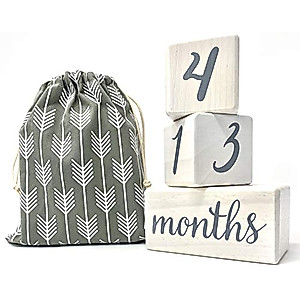 Pondering Pine Baby Milestone Blocks - Natural White Stain Pine Wood with Weeks Months Years Grade - Milestones Age Block Set with Bag, Newborn Weekly Monthly First Year Picture Props, Earth Friendly