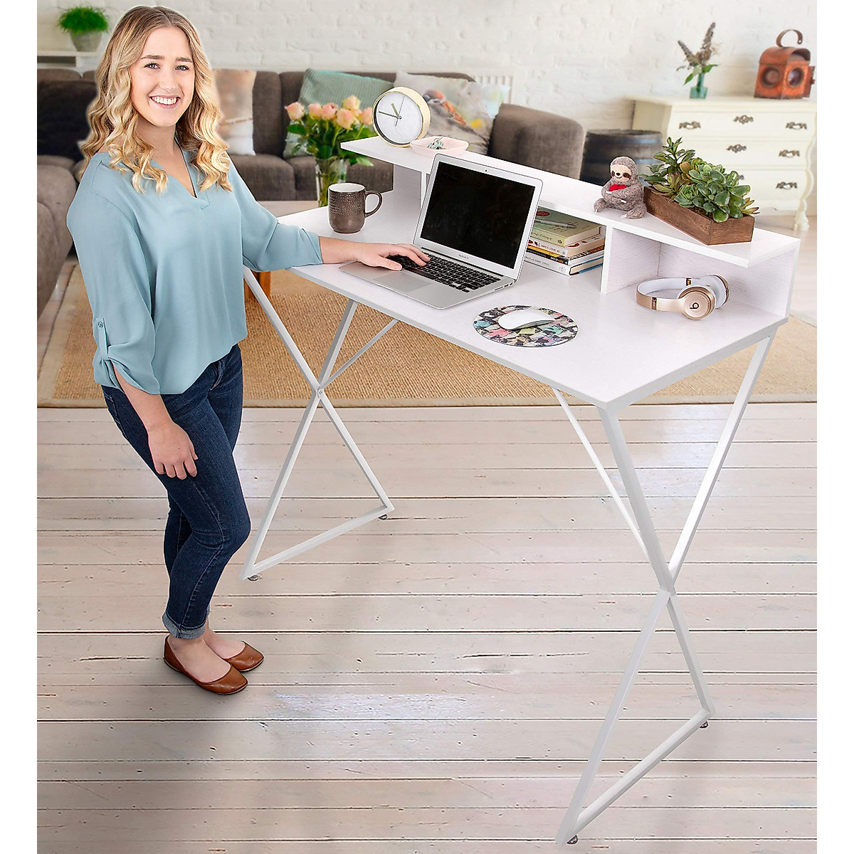 Stand Steady Joy Standing Desk | Pretty Standing Desk with Shelf & Built-in Storage Cubbies | Modern Stand Up Workstation | Tall Desk & Reception Table for Home, Dorm & Office (White / 48in x 42in)